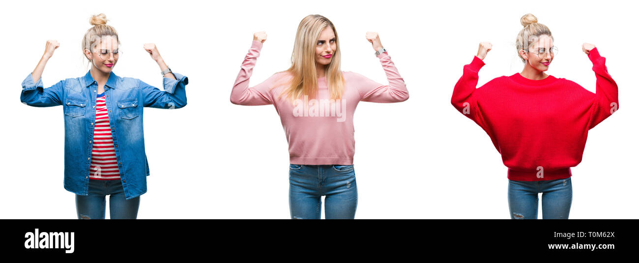 Collage of young beautiful blonde woman over isolated background ...