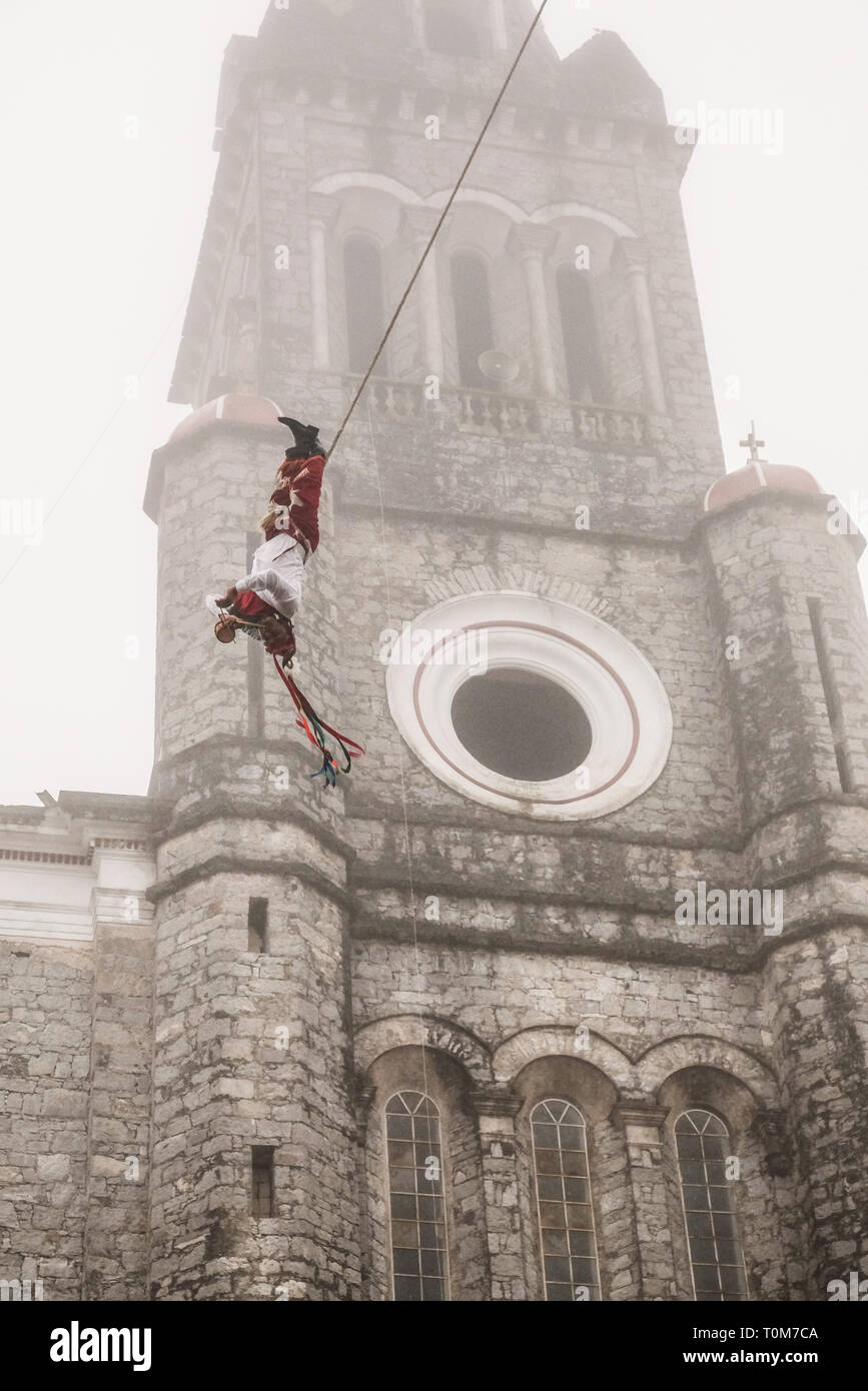 Flying Dancers in the air at Cuetzalan town center, Mexico Stock Photo ...