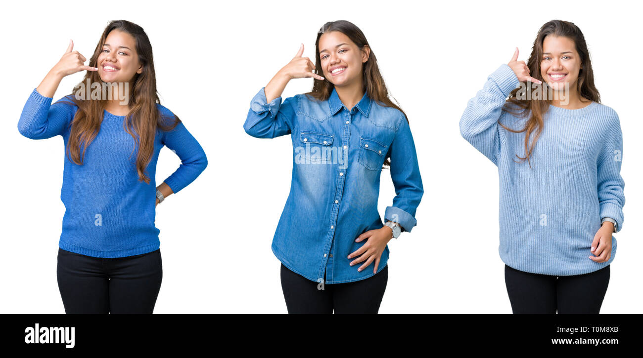 Collage of beautiful young woman over isolated background smiling doing ...