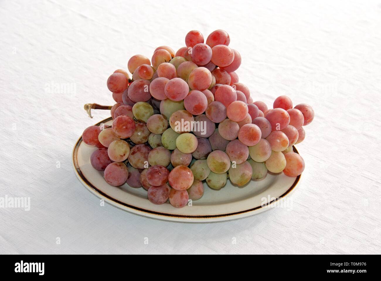 Large bunch of Spanish red grapes on a plate against a white background ...