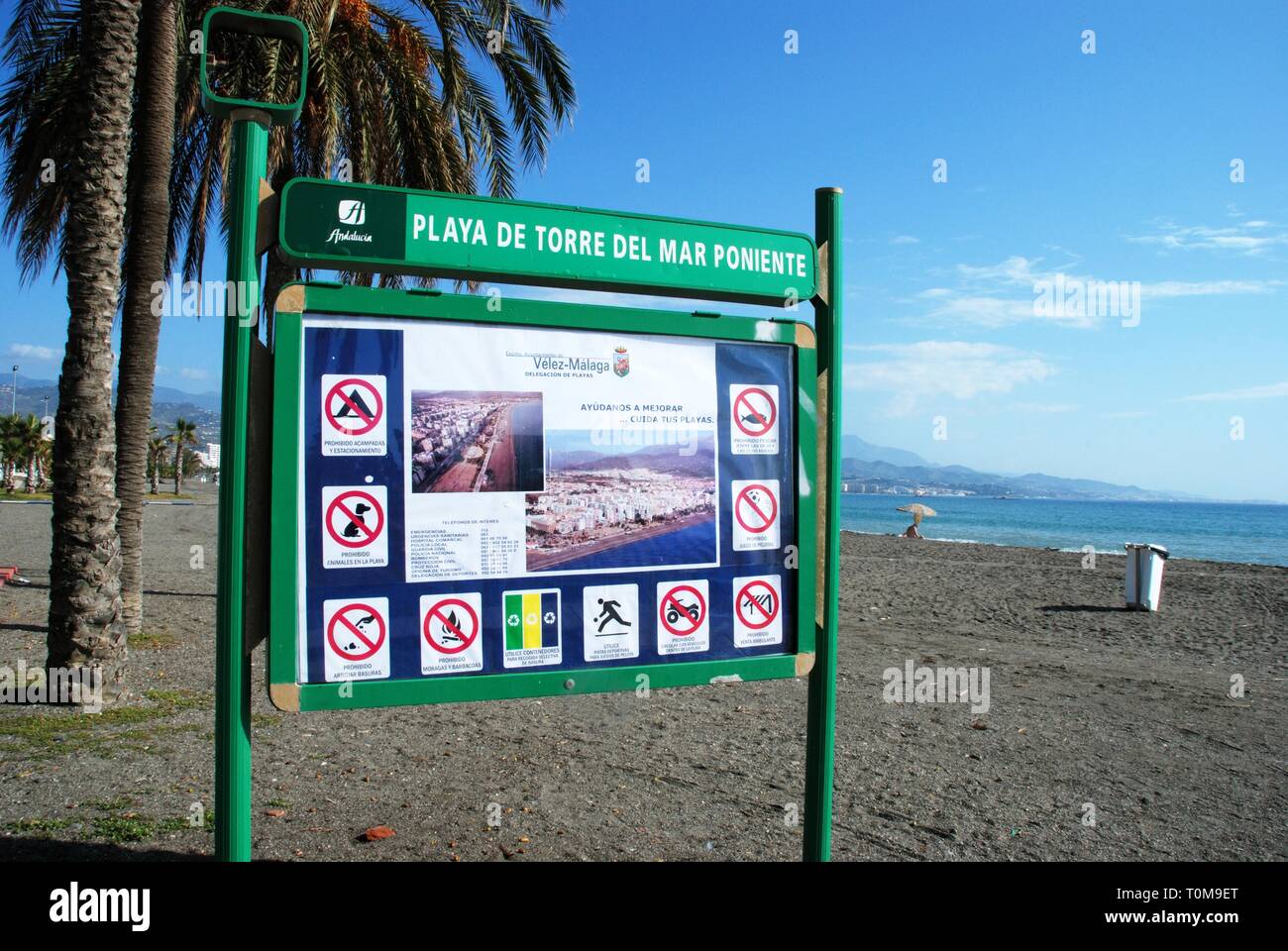 Beach sign with photographs on the beach, Torre del Mar, Malaga ...