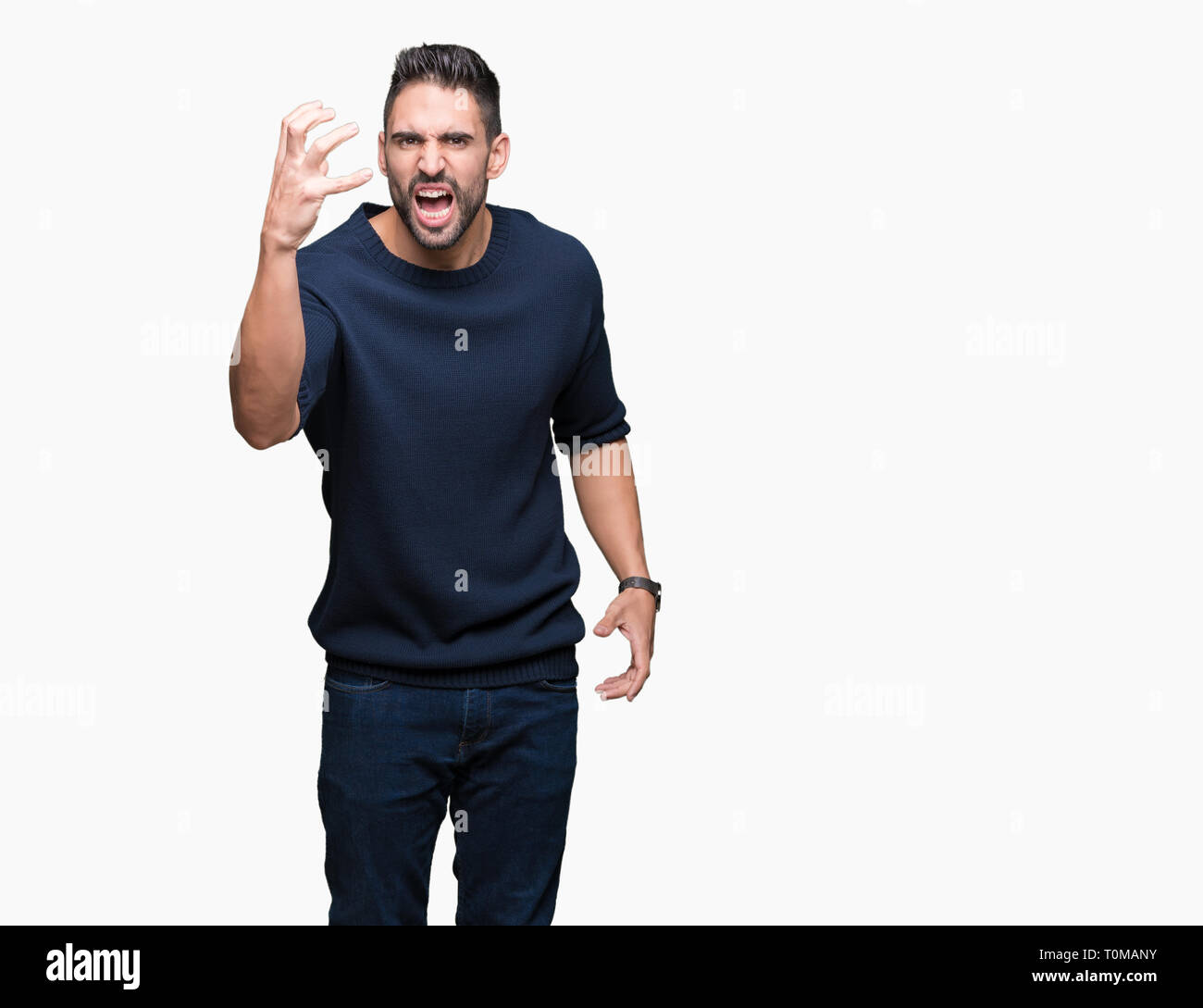 Young handsome man wearing sweater over isolated background angry and ...