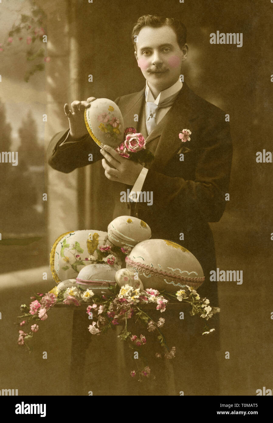 festivities, Easter, man showing Easter eggs, Easter card, France ...