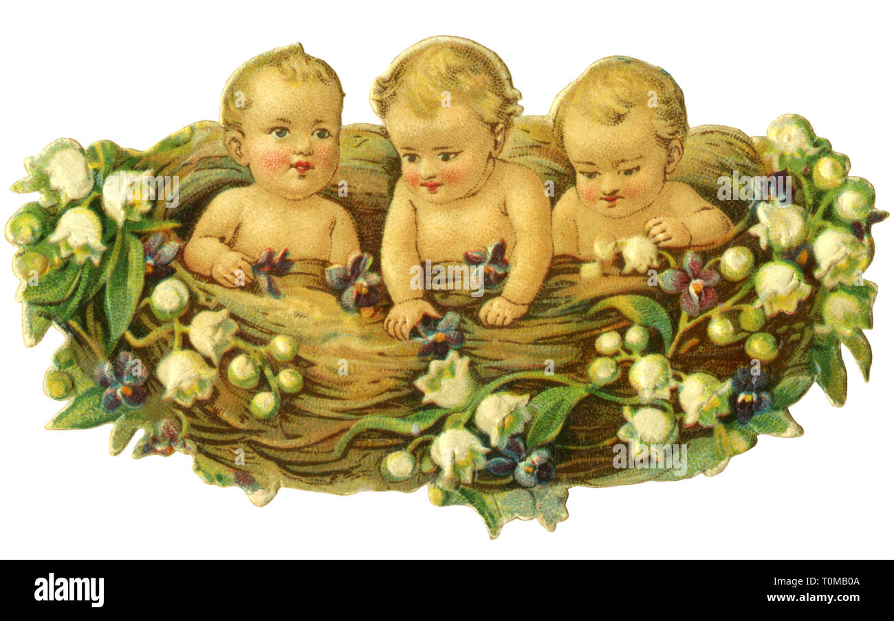 kitsch, three babies in the nest, lithograph, Germany, circa 1890 ...