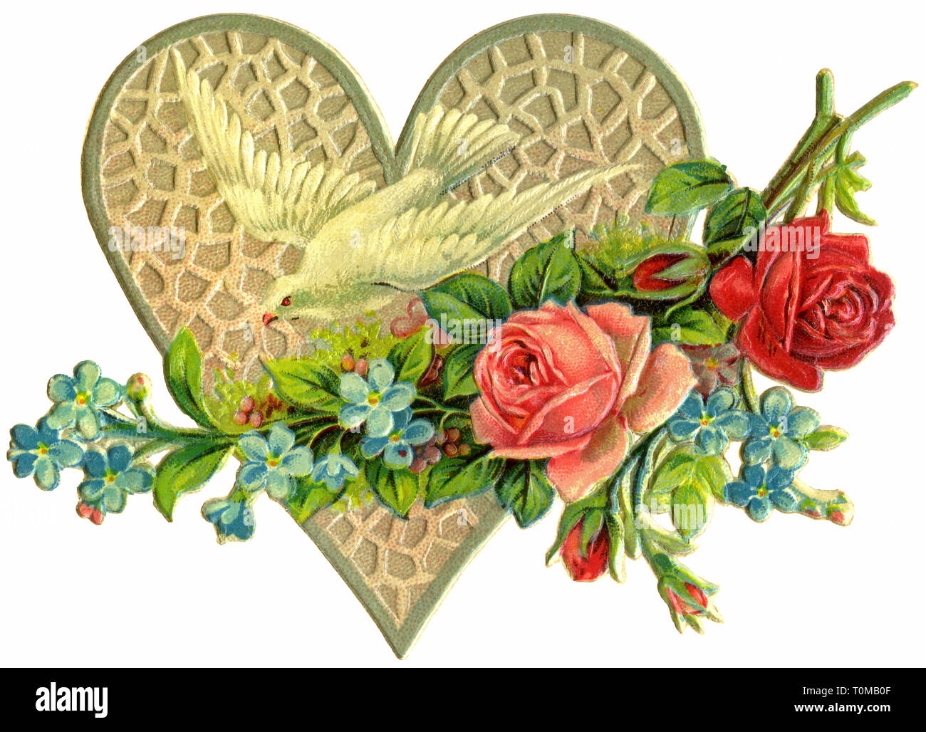 kitsch/cards/souvenir, white dove in heart with roses, picture postcard ...