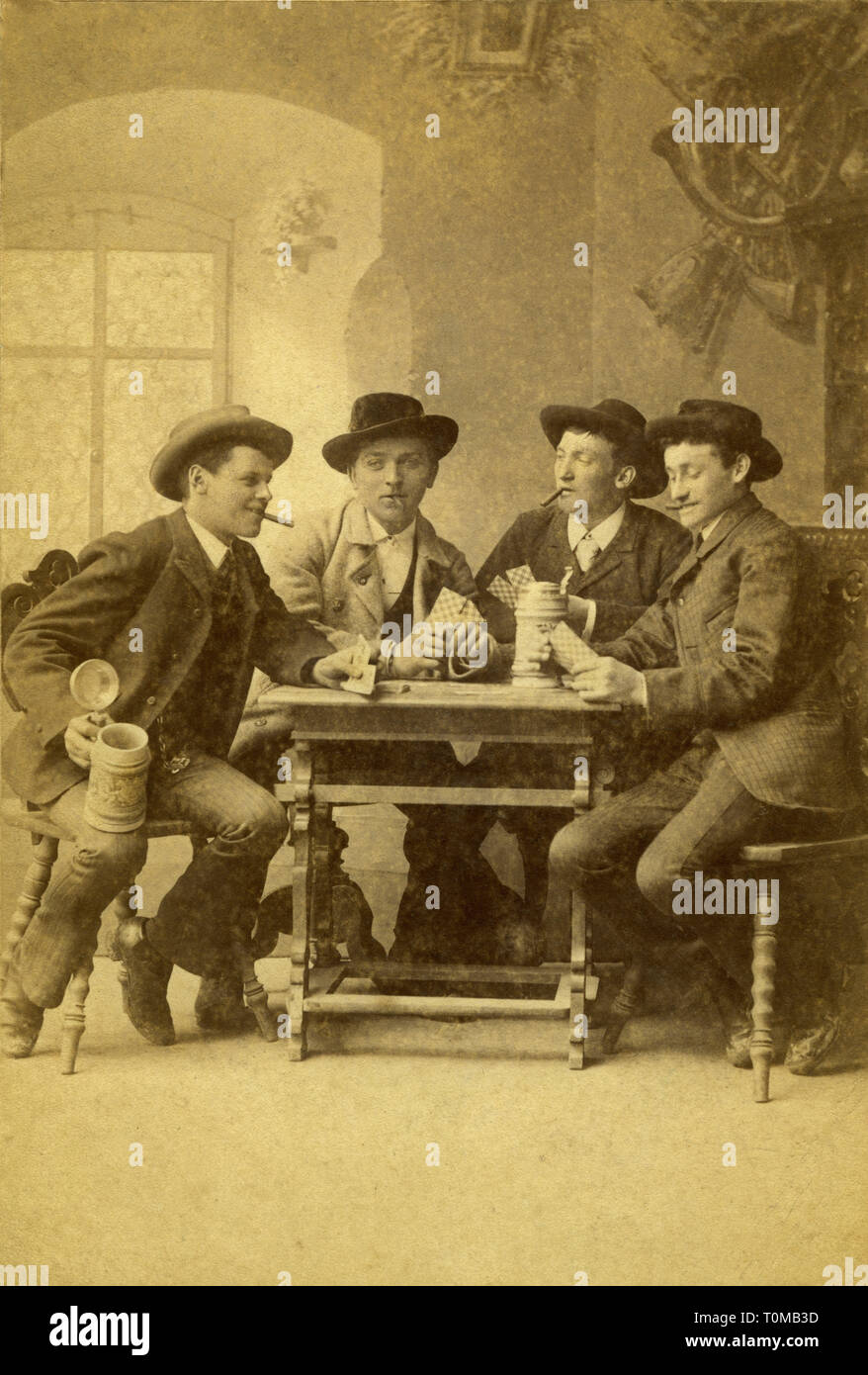 alcohol, beer, friends playing cards, Miesbach, Bavaria, Germany, circa ...