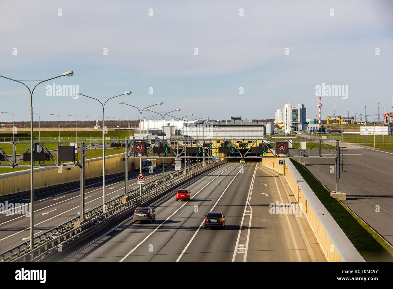 Russian asphalt road. Good smooth road. Travelling by car. New road ...