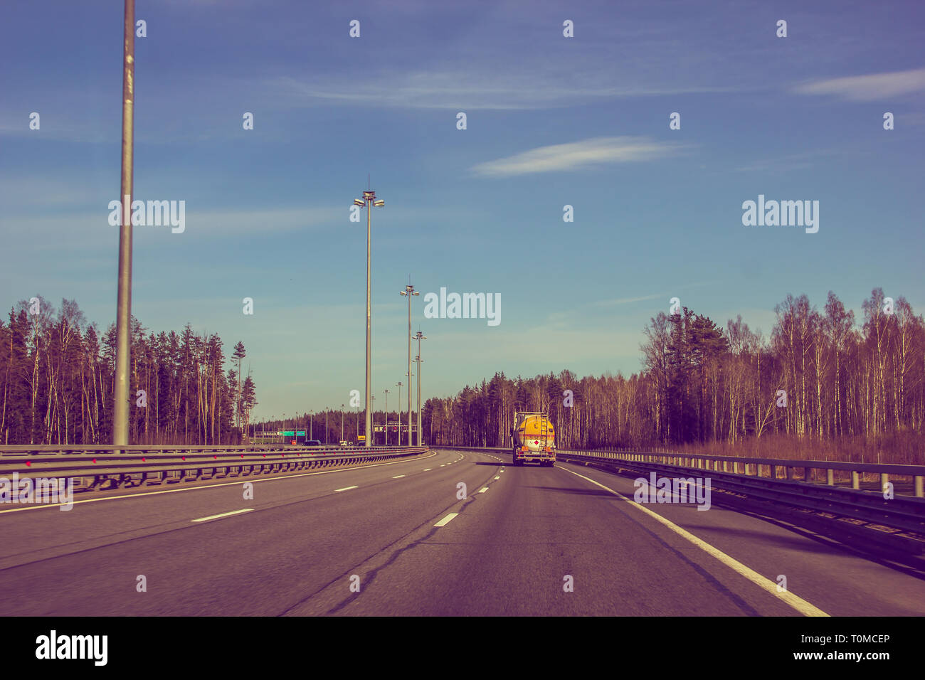 Russian asphalt road. Good smooth road. Travelling by car. New road ...
