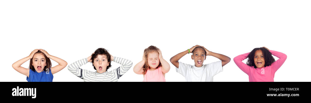 Scared children which have to back to school isolated on a white ...