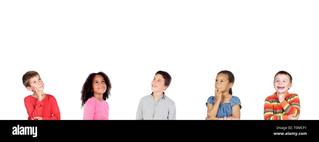 Pensive children thinking about something isolated on a white ...