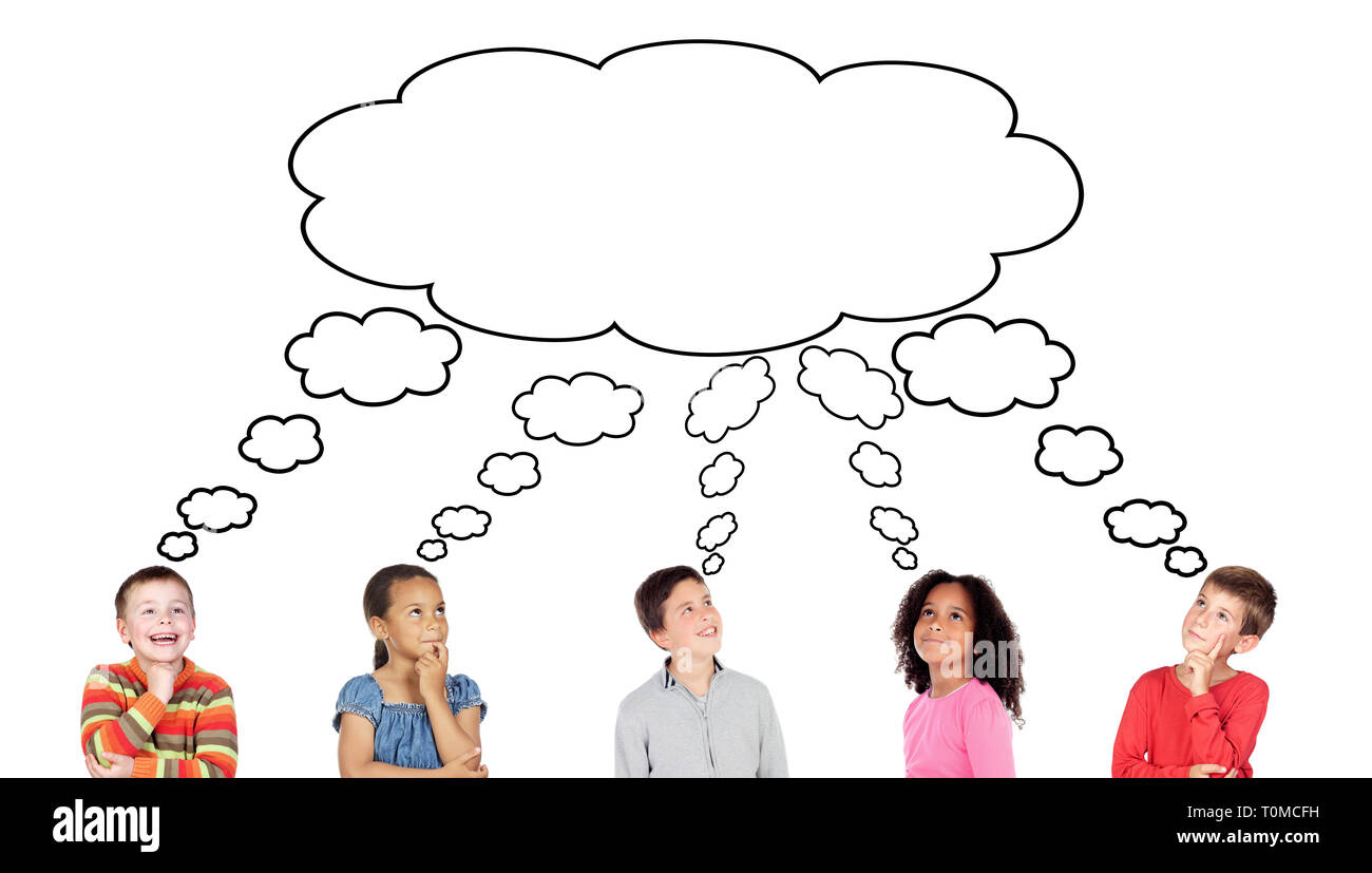 Pensive children thinking about something isolated on a white ...