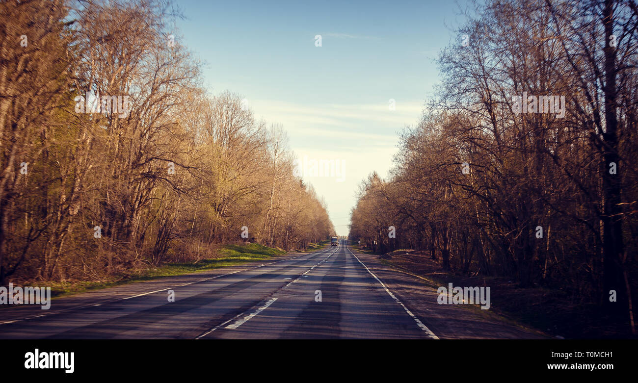 Russian asphalt road. Good smooth road. Travelling by car. New road ...