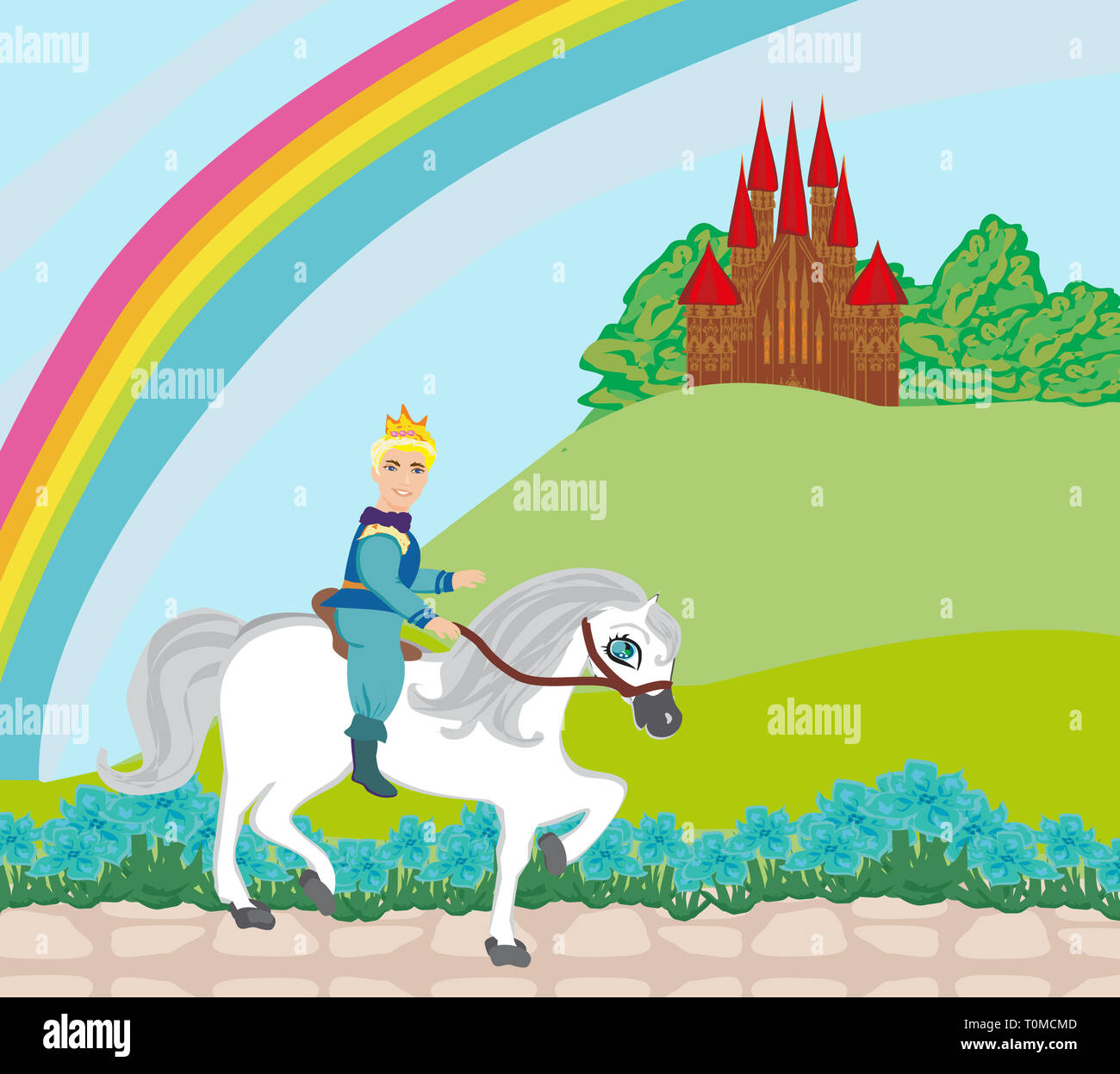 Prince riding a horse to the castle Stock Photo - Alamy
