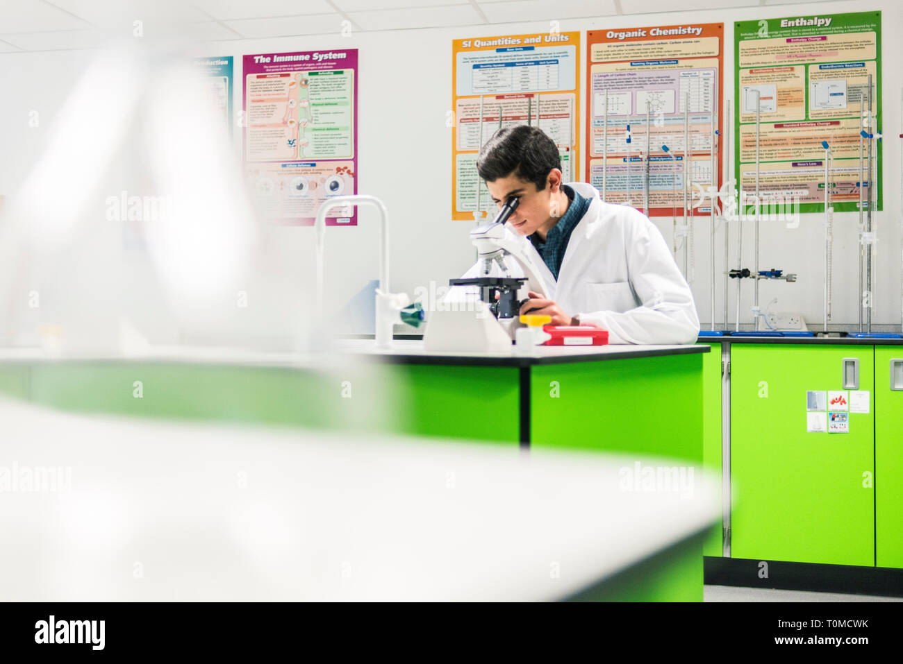 A young male student works in the science lab of a cambridge college in ...