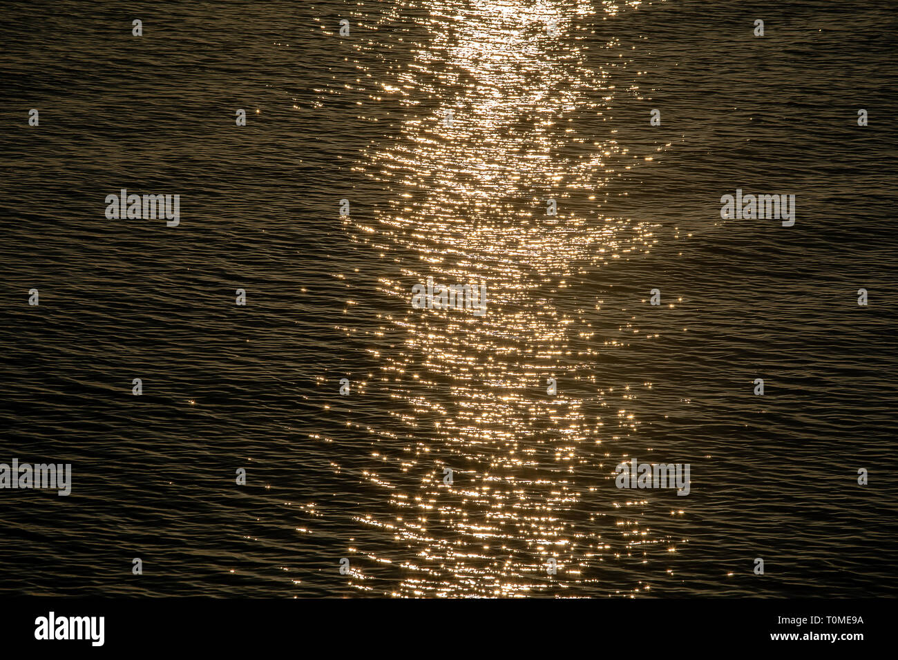 Beautiful sunset reflection sparkles on tiny ripples of sea water wave ...