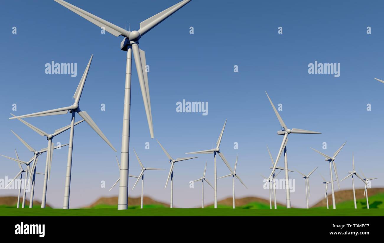 Bottom view of a set of turbines forming a Wind Farm on a green field ...