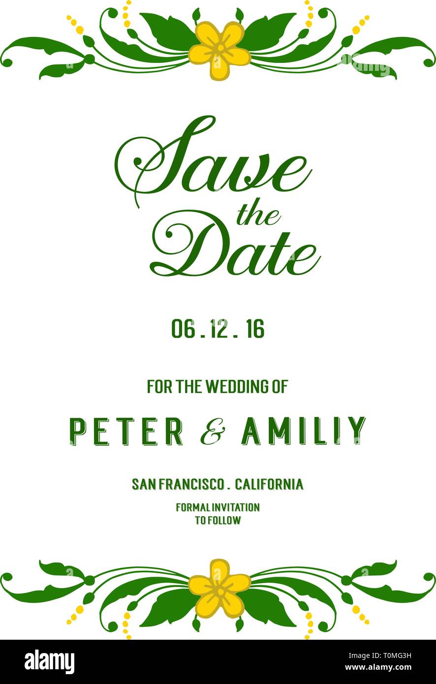 Vector illustration style leaf yellow floral frame with lettering save the date hand drawn Stock ...