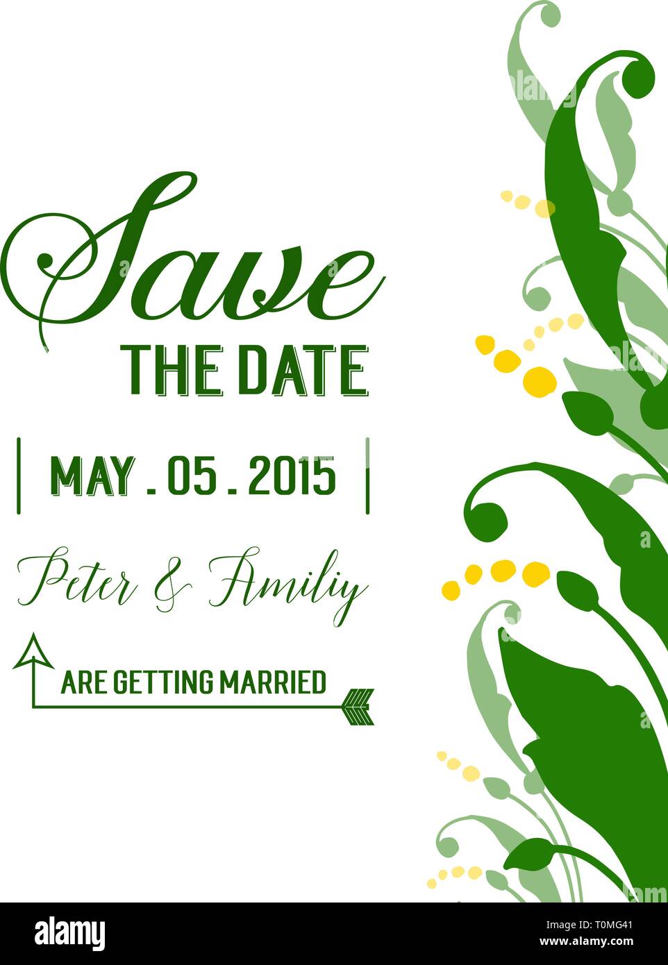 Vector illustration style leaf yellow floral frame with lettering save the date hand drawn Stock ...