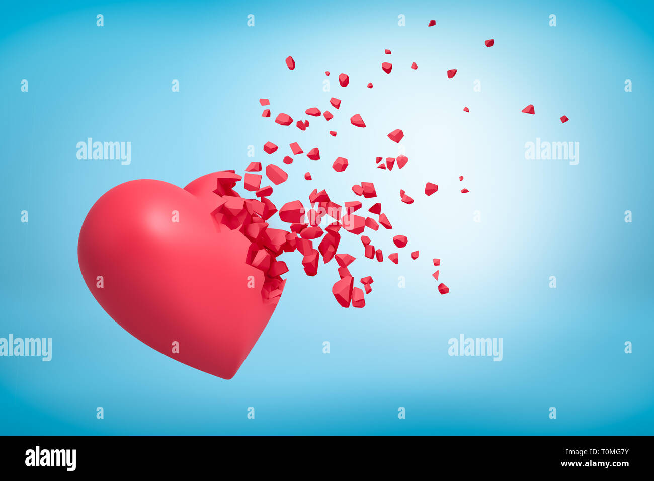 3d rendering of pink heart shattering into small pieces on blue ...