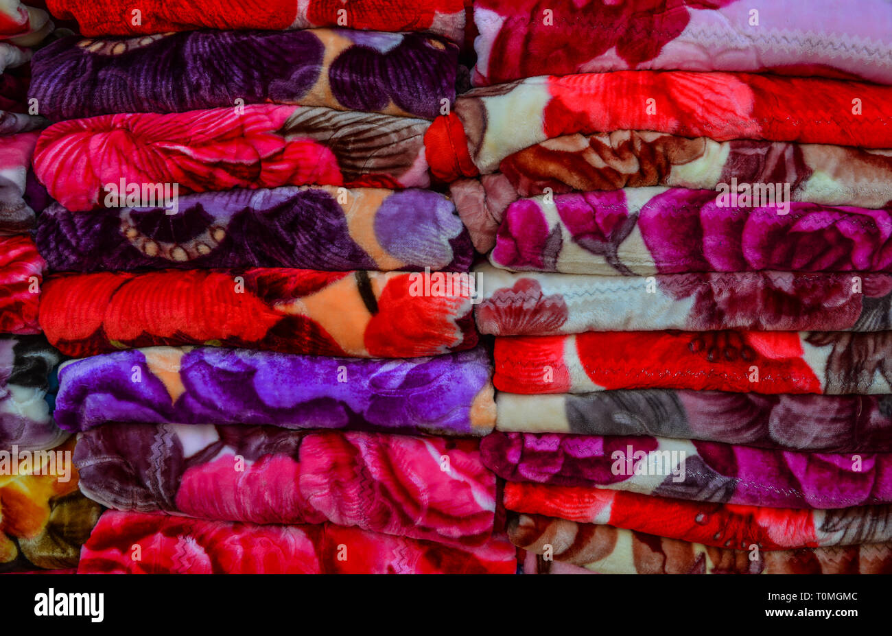 Colorful textile for sale at street market in Yangon, Myanmar Stock ...
