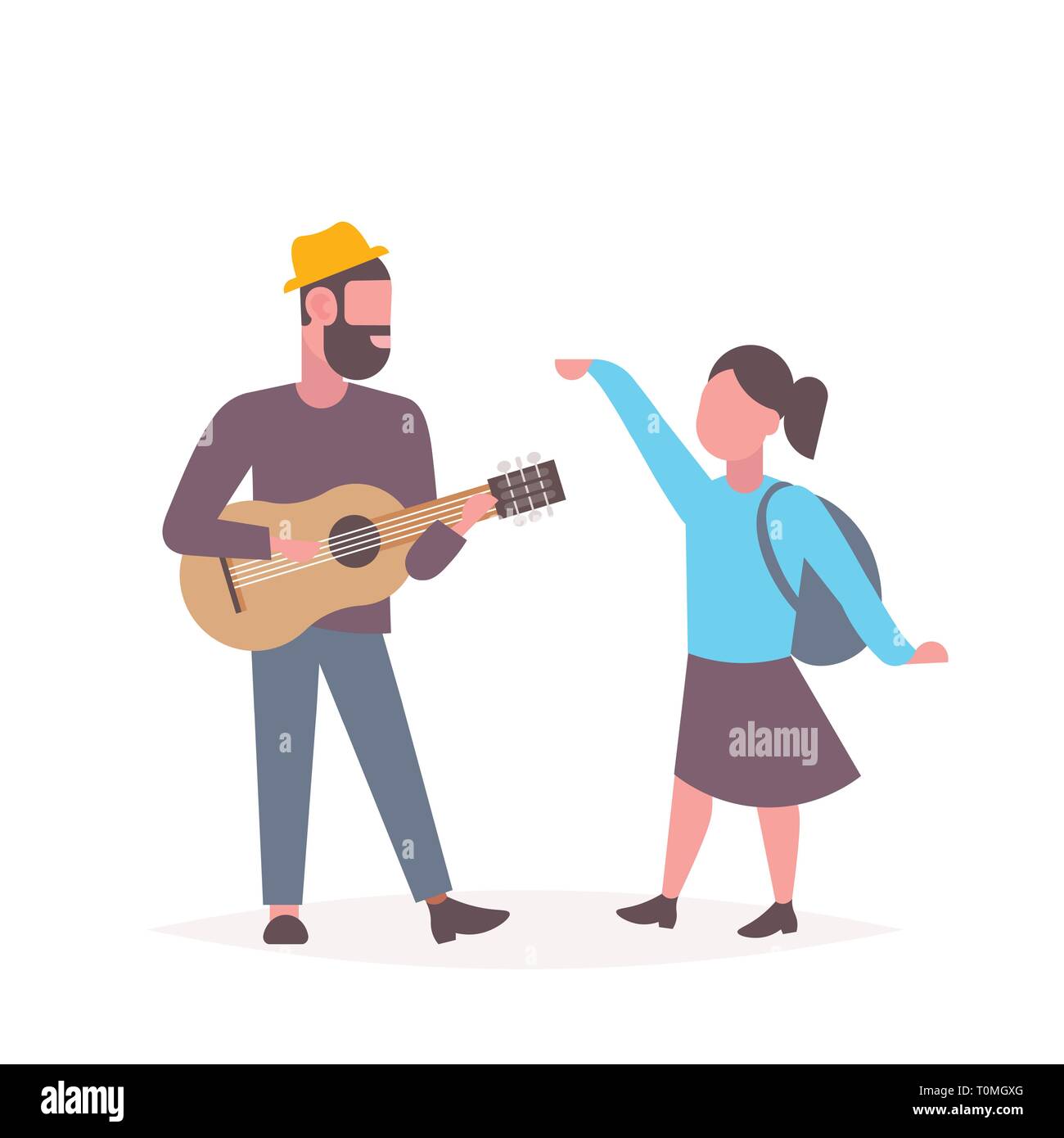 man musician singing and playing guitar woman dancing couple having fun ...