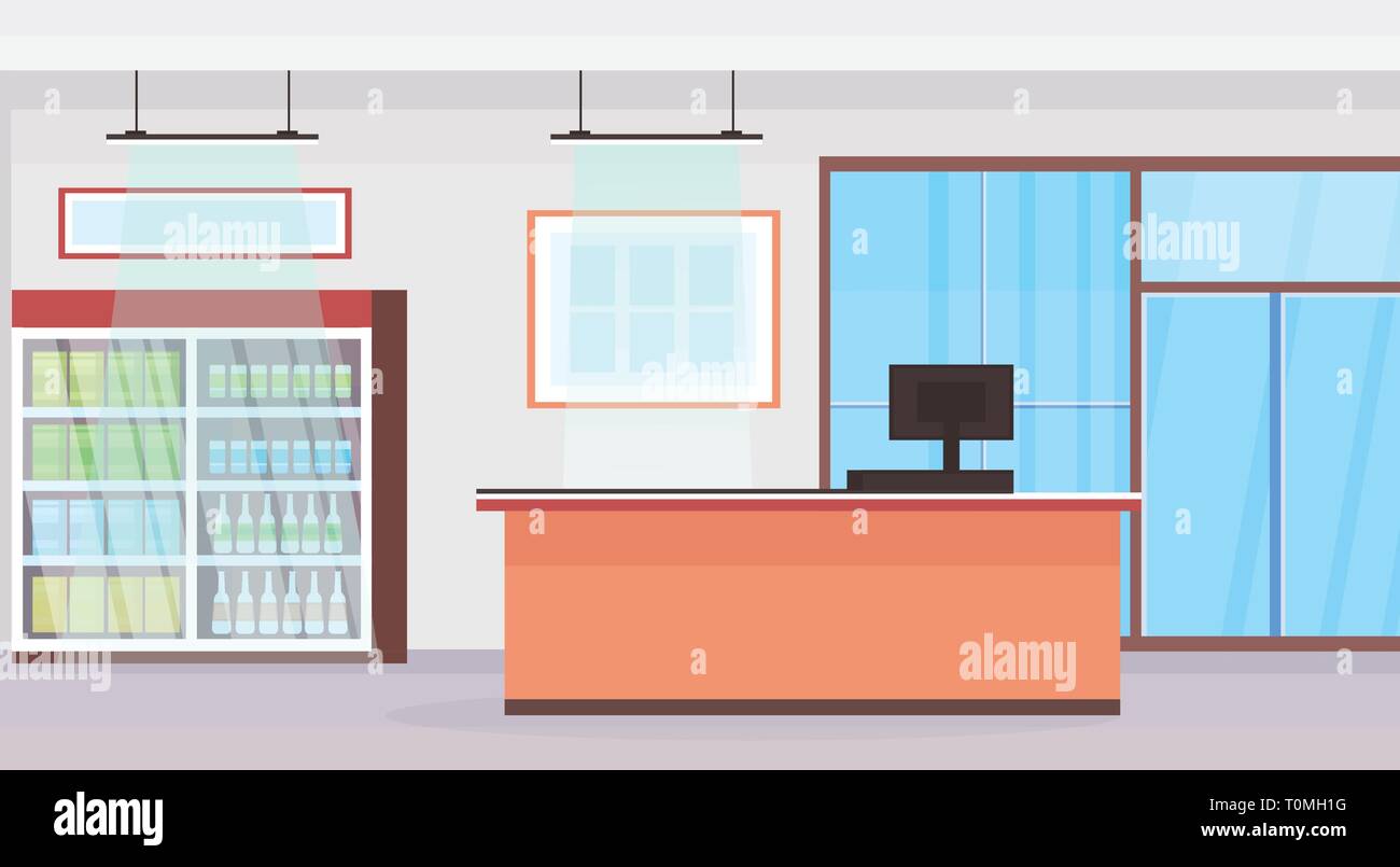 big grocery shop cash desk counter supermarket interior empty no people ...