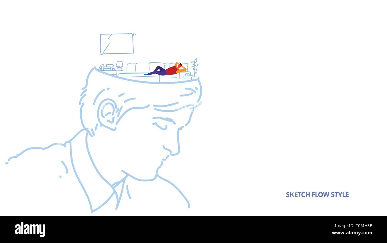 open human head with man watching TV on couch modern living room ...