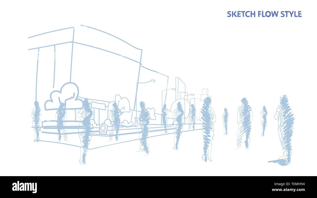 group of hand drawn people crowd over city street office buildings ...