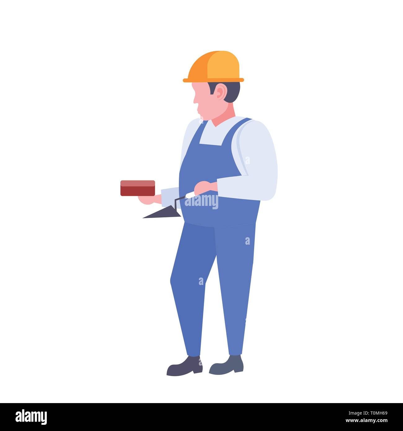 man builder holding trowel and wall brick guy wearing uniform and ...