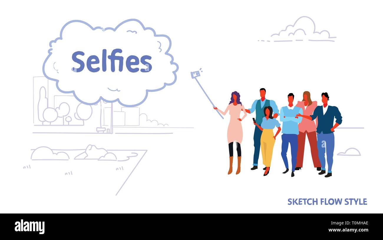 men women people group using selfie stick taking picture on smartphone ...