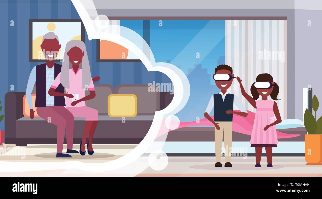 Two kids sister and brother wearing digital glasses virtual reality ...