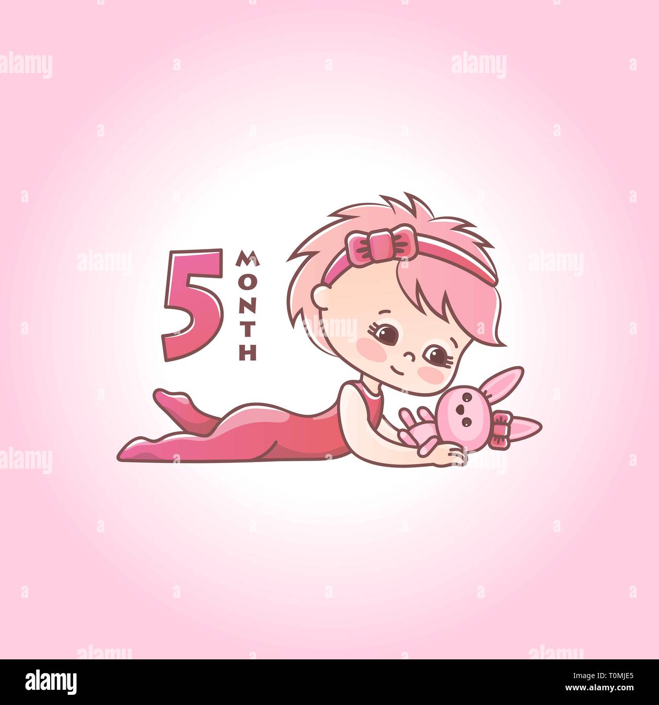 Little baby girl with pink bow and toy bunny. Stages of child ...