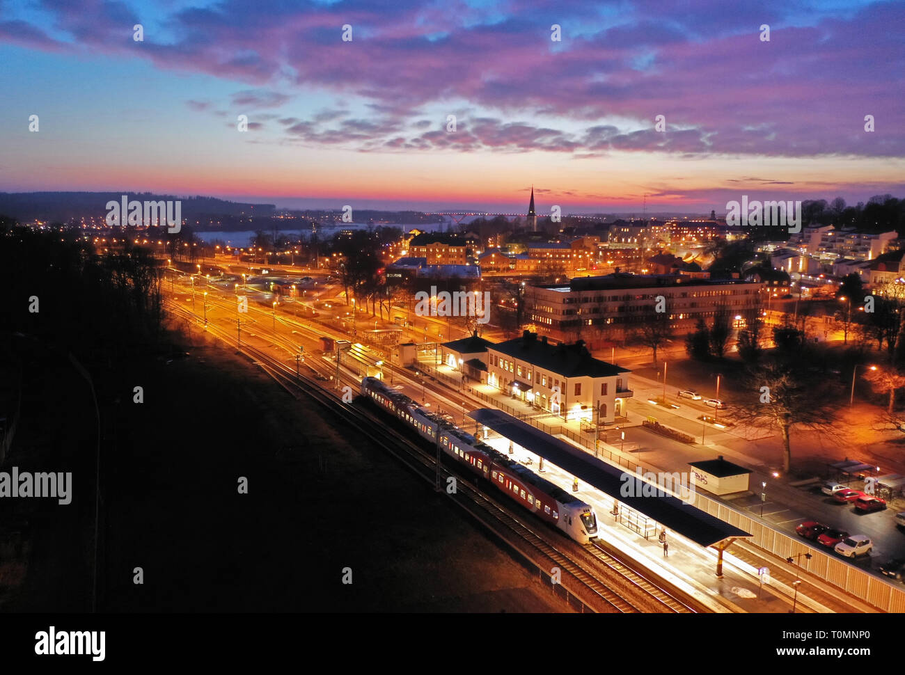 Sweden, Aerial view over a trainstation. Photo Jeppe Gustafsson Stock ...