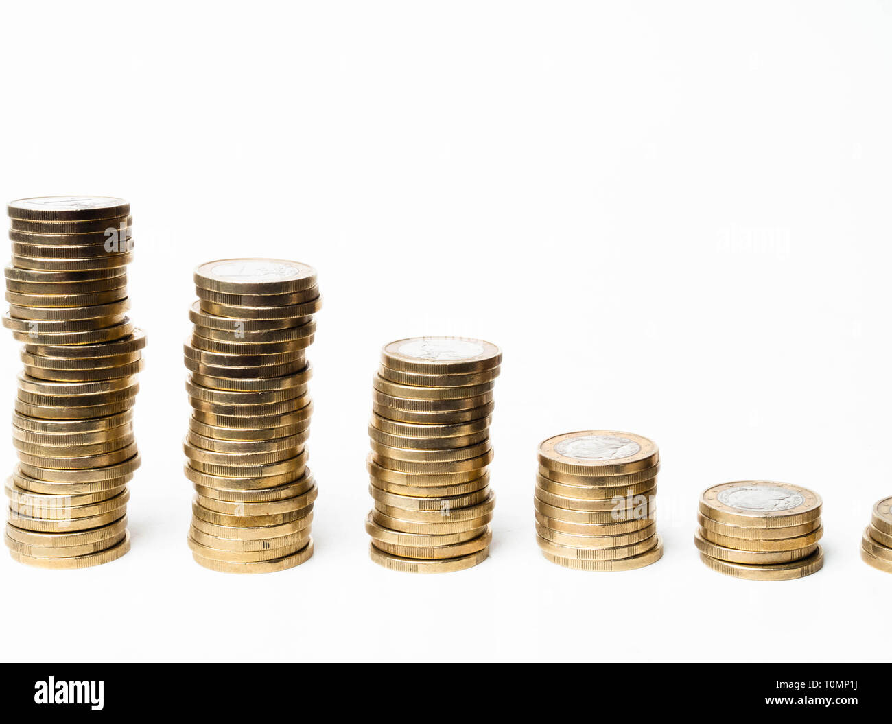 towers of coins isolated on white background, studio shot, finance ...