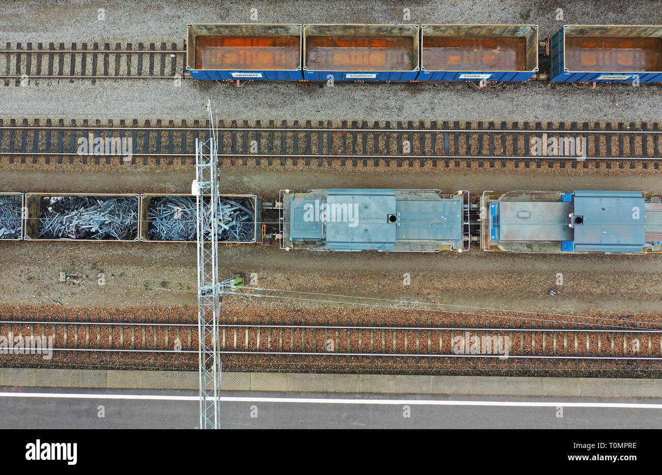 Sweden, Aerial view over a trainstation. Train from Ovako steel whith ...