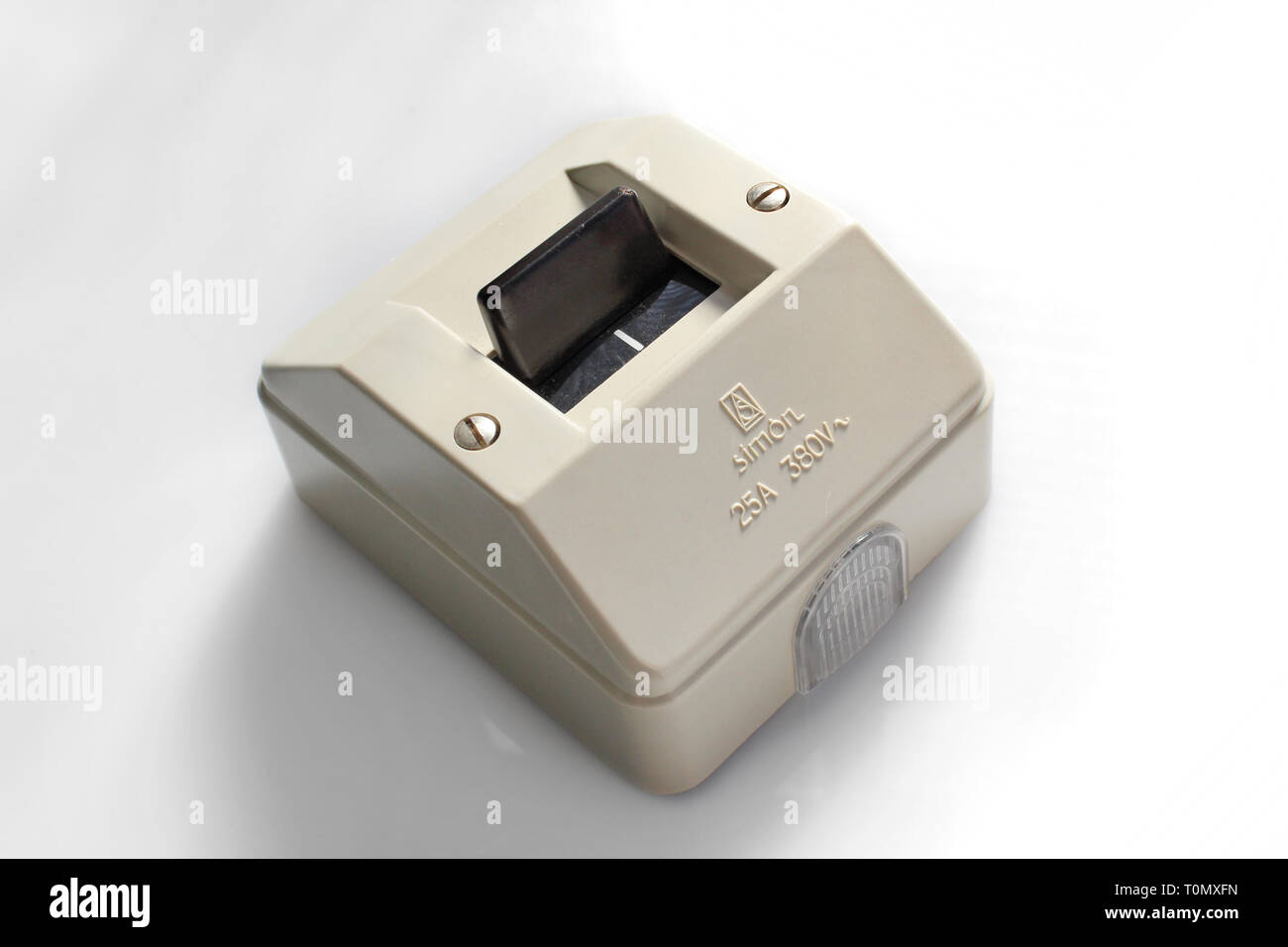 Vintage power switch on off, isolated on white background, close-up ...