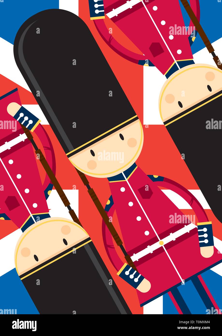 Cute Cartoon British Queen’s Palace Guard on a Union Jack Background ...