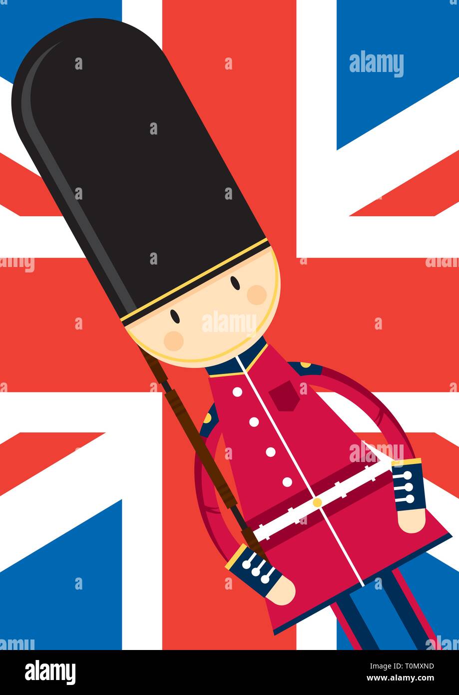 Cute Cartoon British Queen’s Palace Guard on a Union Jack Background ...