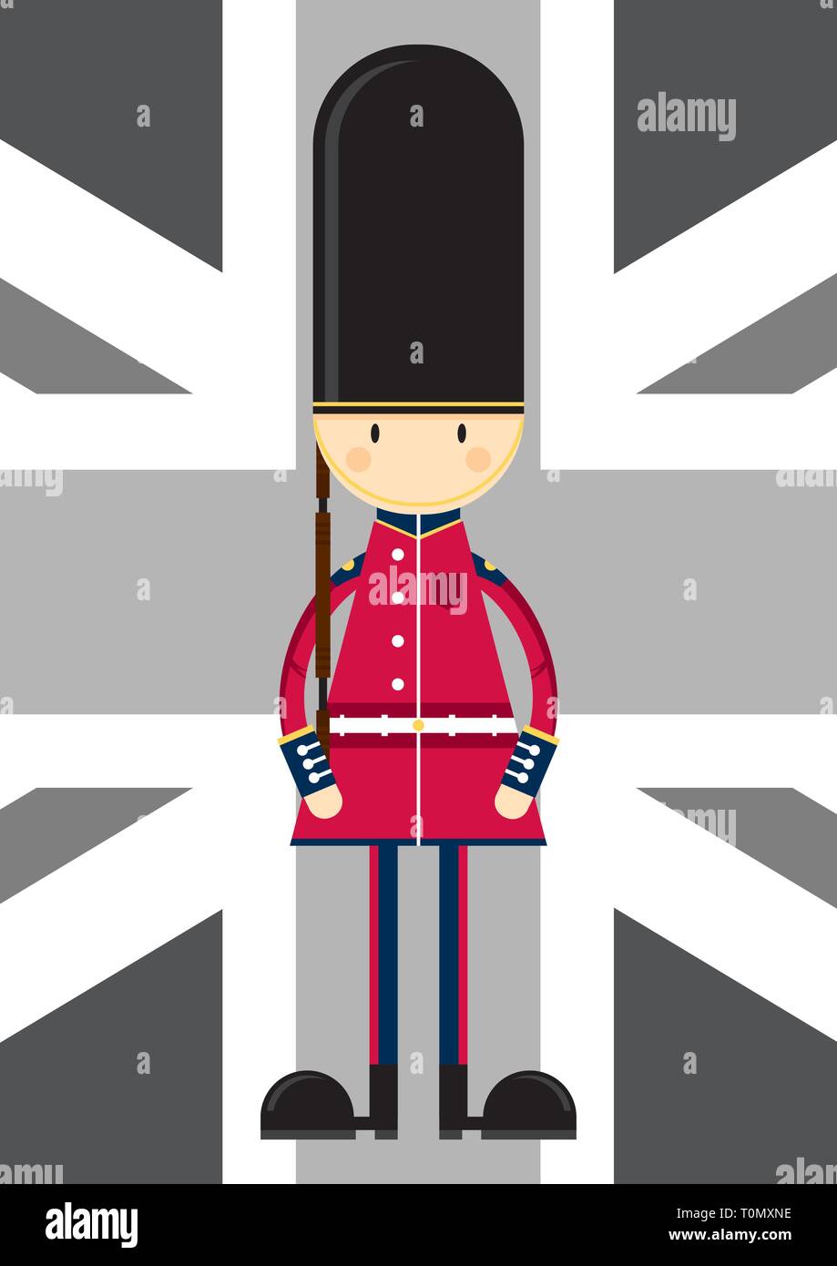 Cute Cartoon British Queen’s Palace Guard on a Union Jack Background ...
