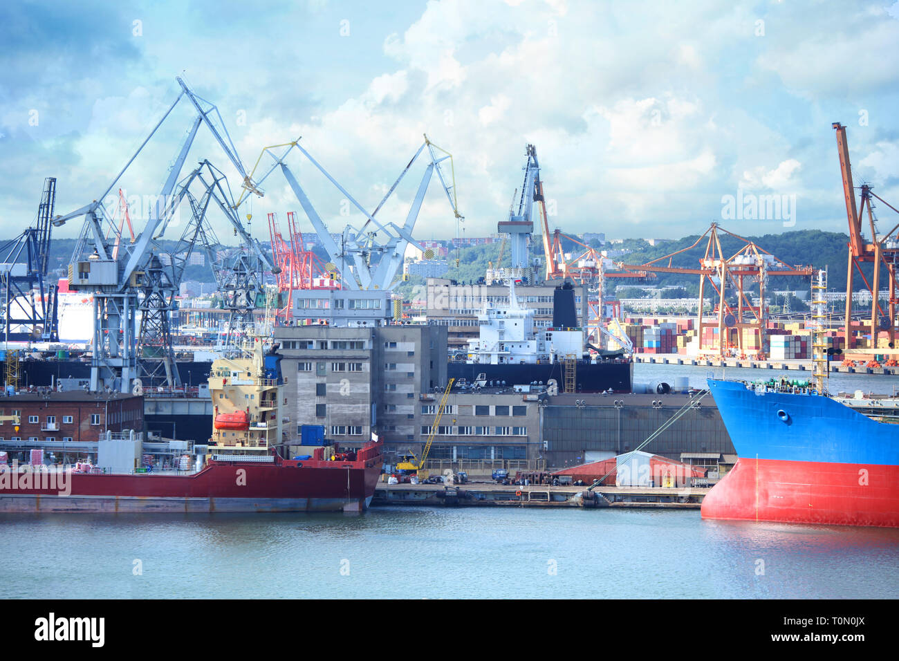 Ships and cargo cranes in Gdansk, Port of Poland Stock Photo - Alamy