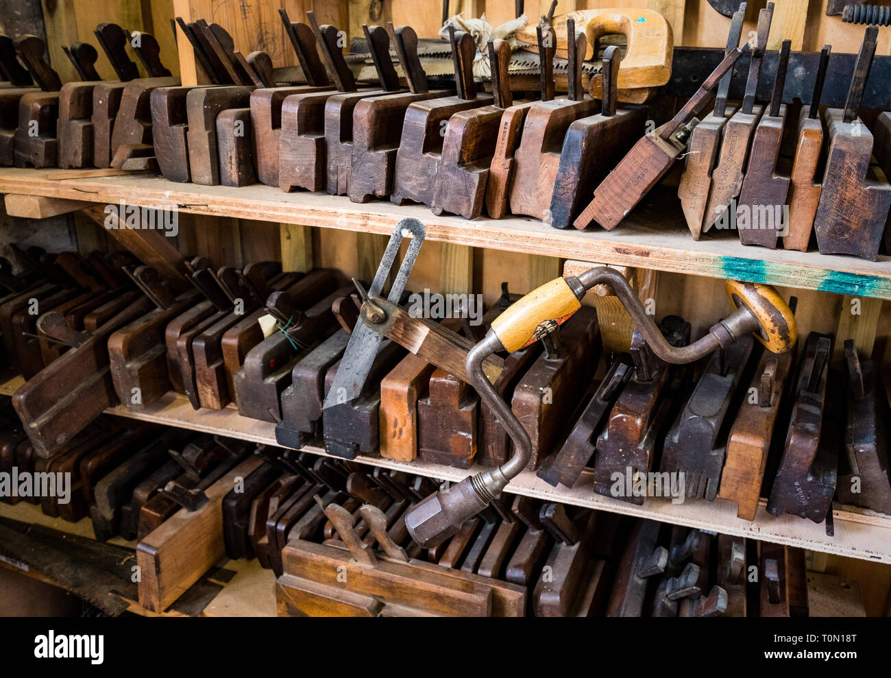 Vintage woodturners workshop tools on display at Combe Mill Stock Photo ...