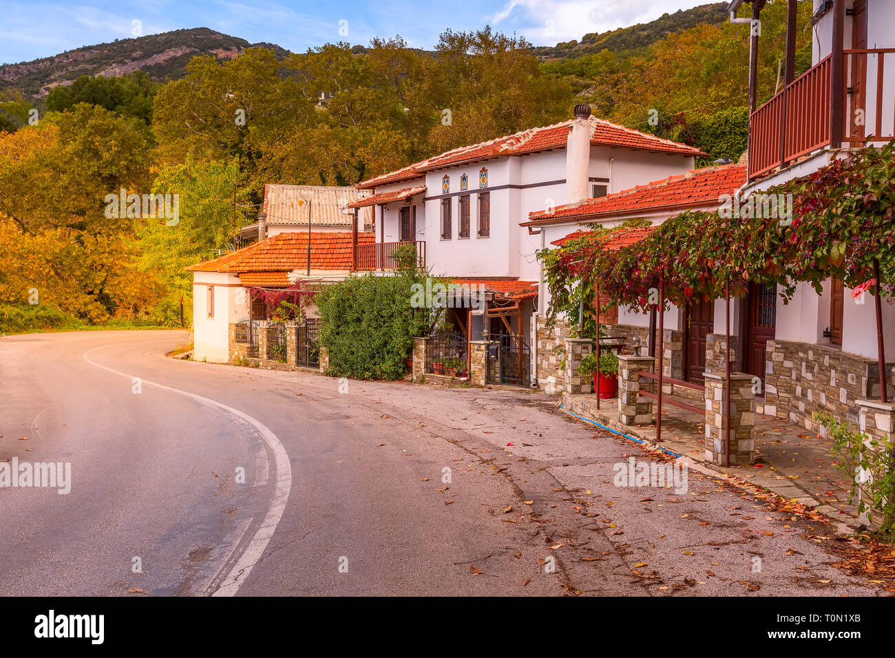 Street sunset view at Portaria, village in Pelion, Thessaly, Greece ...