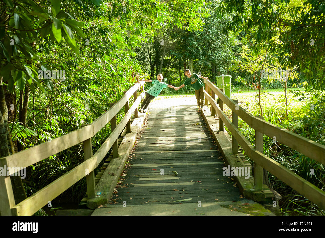 2 young boys ages 7 and 9 stand on a bridge holding hands Stock Photo ...