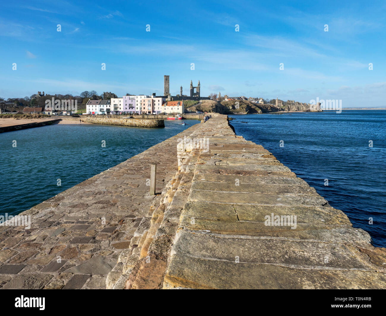 St Andrews Harbour and St Andrews Abbey on a sunny spring morning St ...