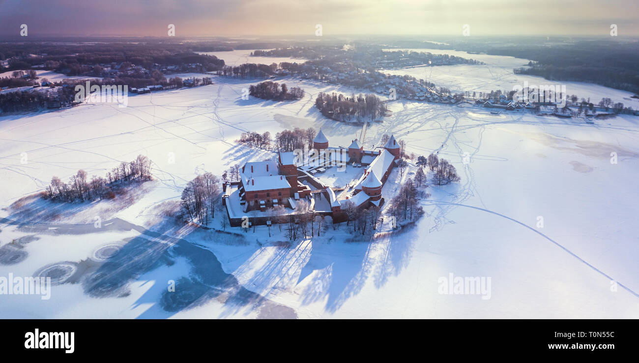 Trakai castle at winter, aerial view of the castle Stock Photo - Alamy
