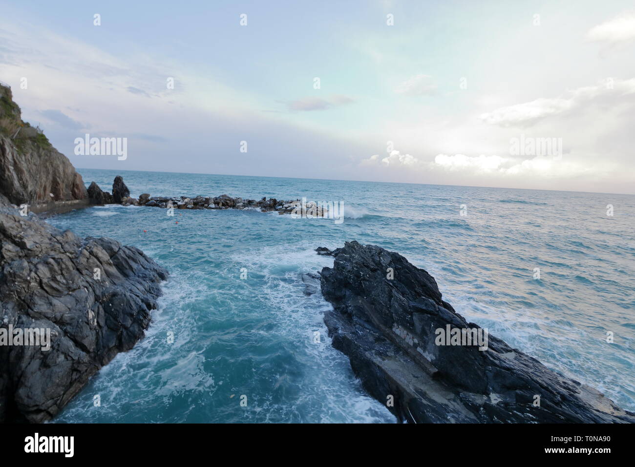 The coast and sea of Liguria in Italy, from the terrace of Manarola ...