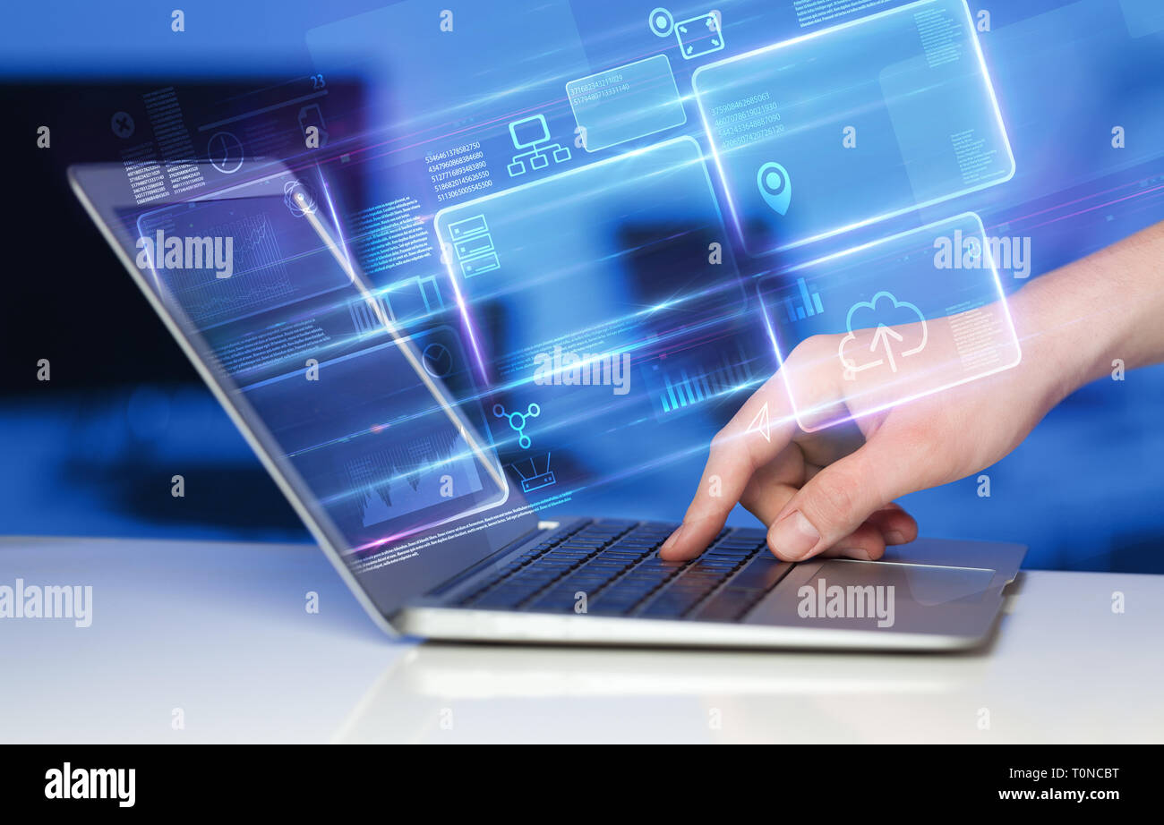 Hand using laptop with database reports and online work concept Stock ...