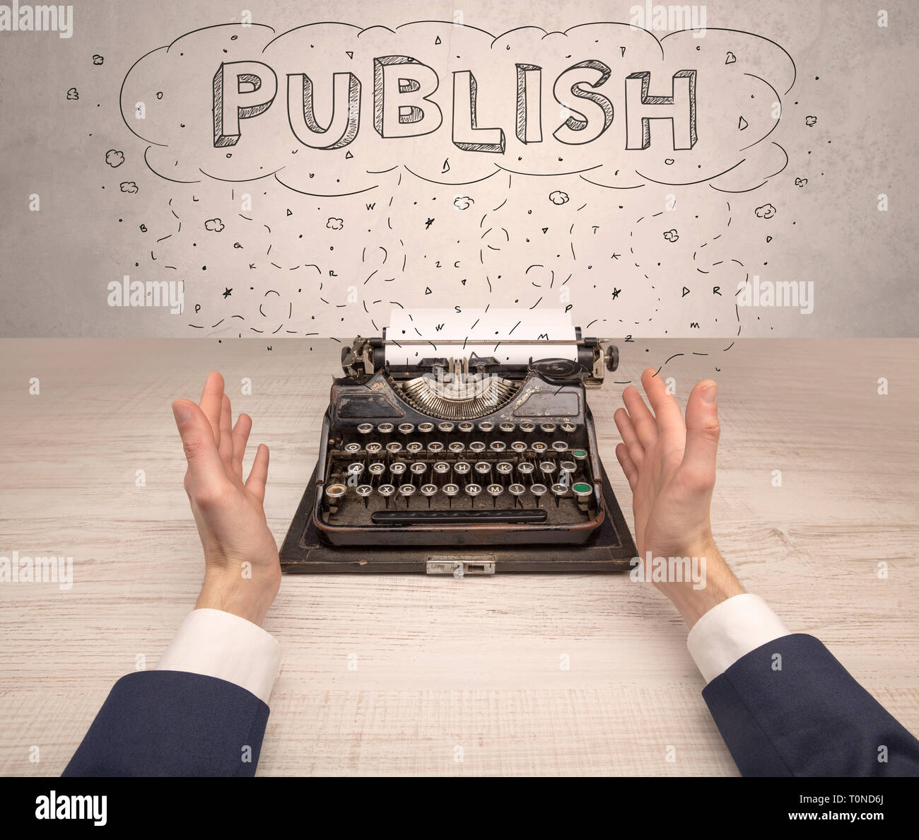 First person perspective hand writing on typewriter with cloud message ...