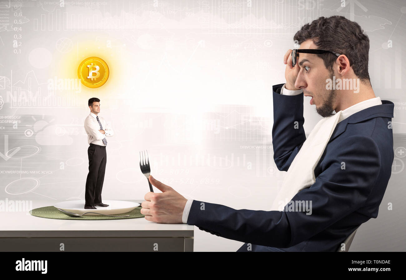 Giant businessman eating small man with financial background Stock ...