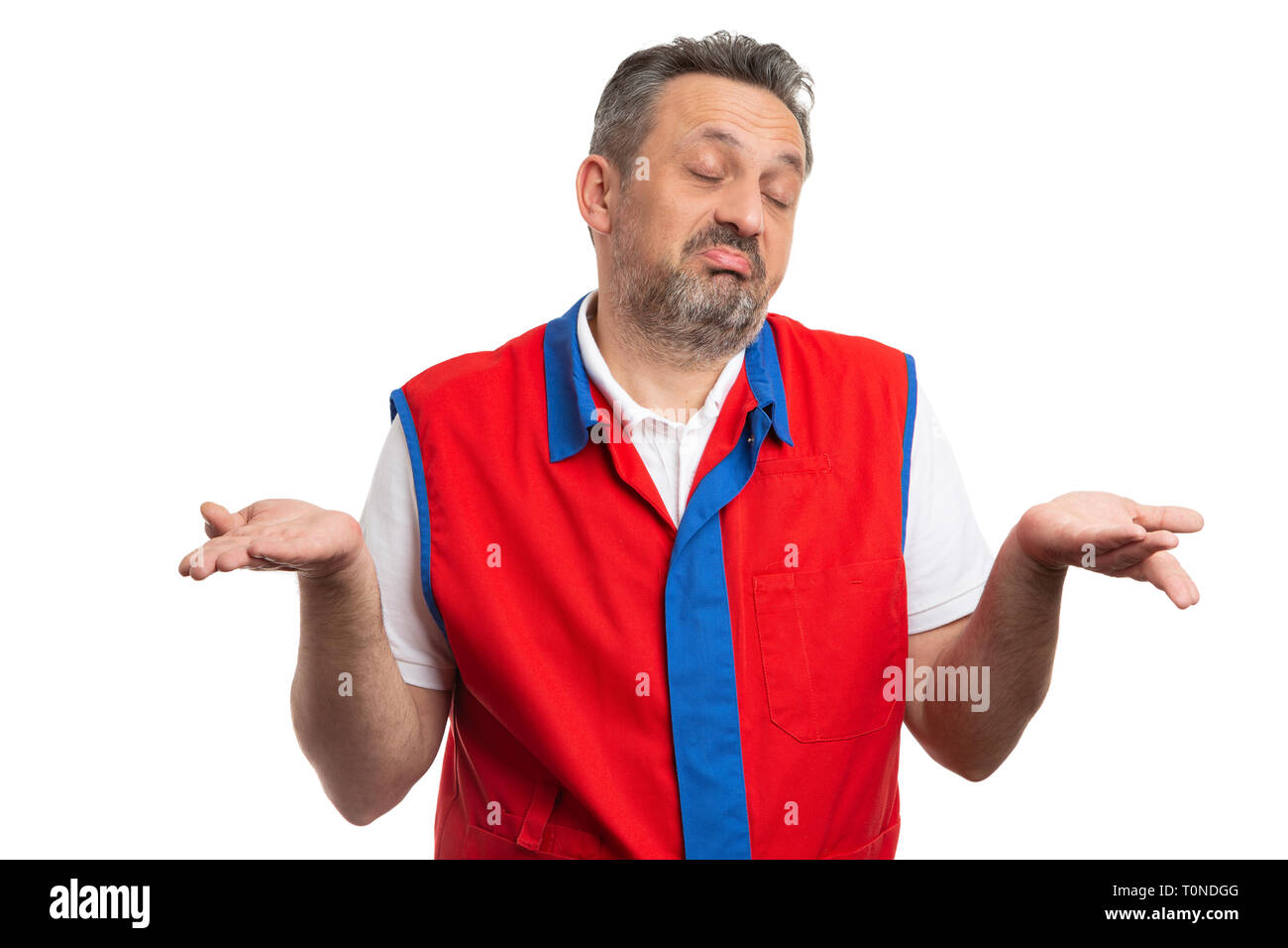 Ignorant male hypermarket or supermarket employee making gesture with ...